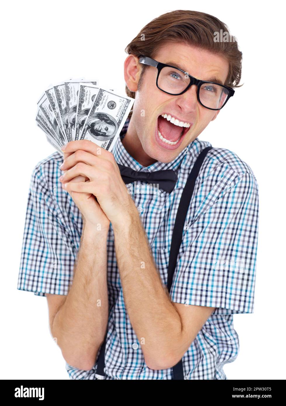 Shouting, money and excited man with dollars in studio isolated on ...