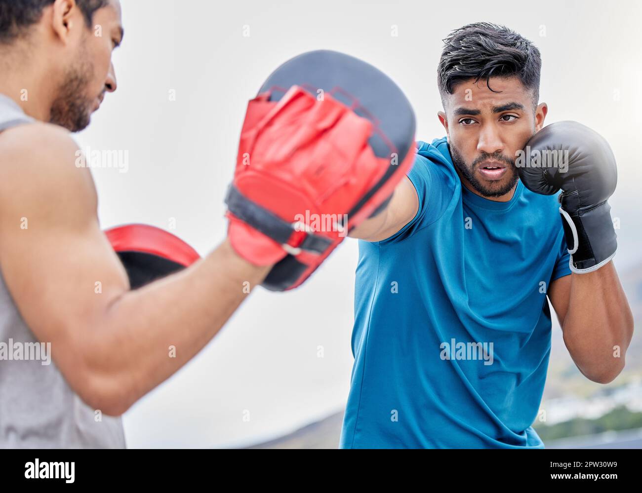 Gym, fitness and man boxing with coach, coaching and motivation for ...