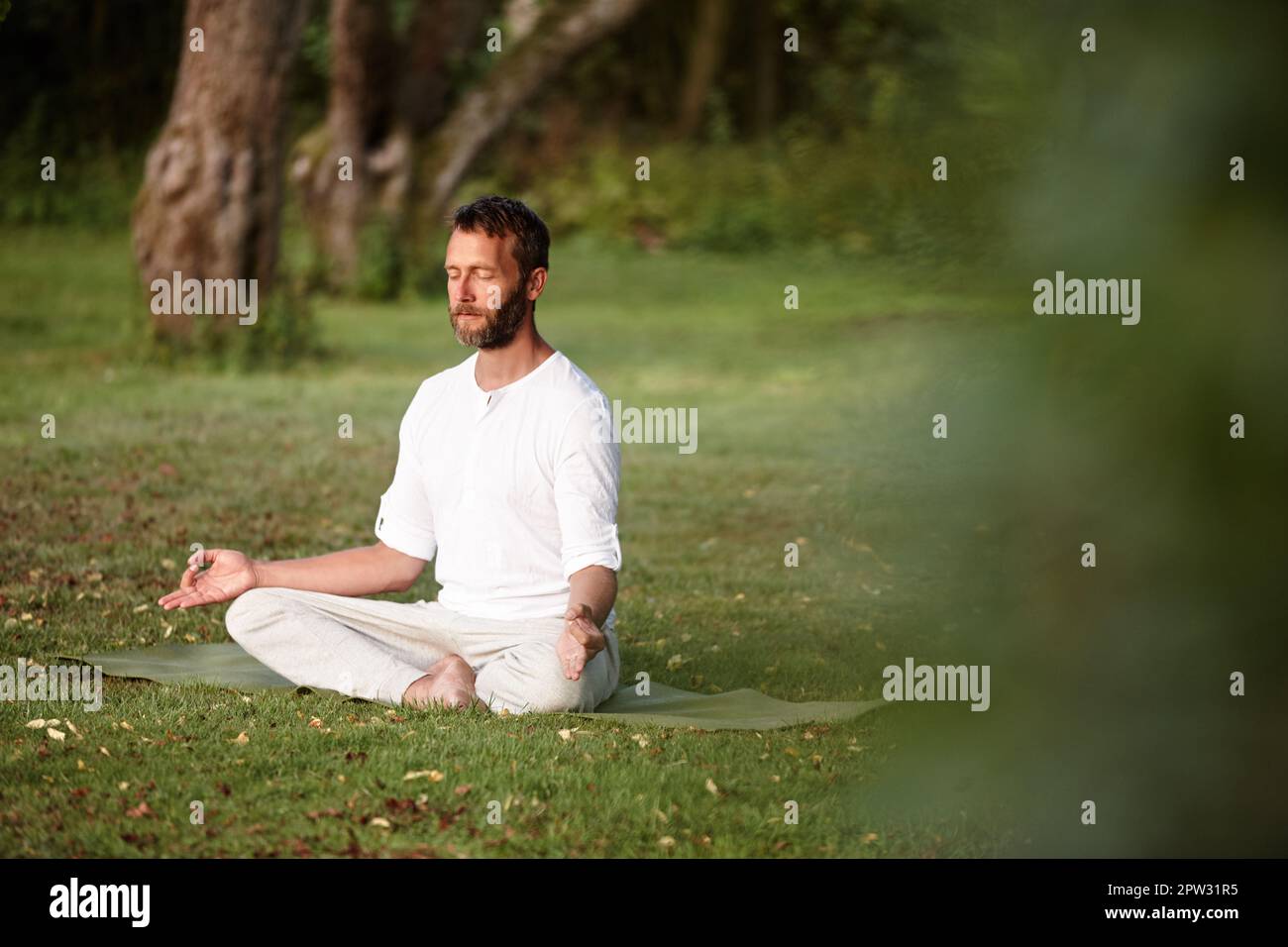 Moments of calm in nature. a handsome mature man sitting in the lotus ...