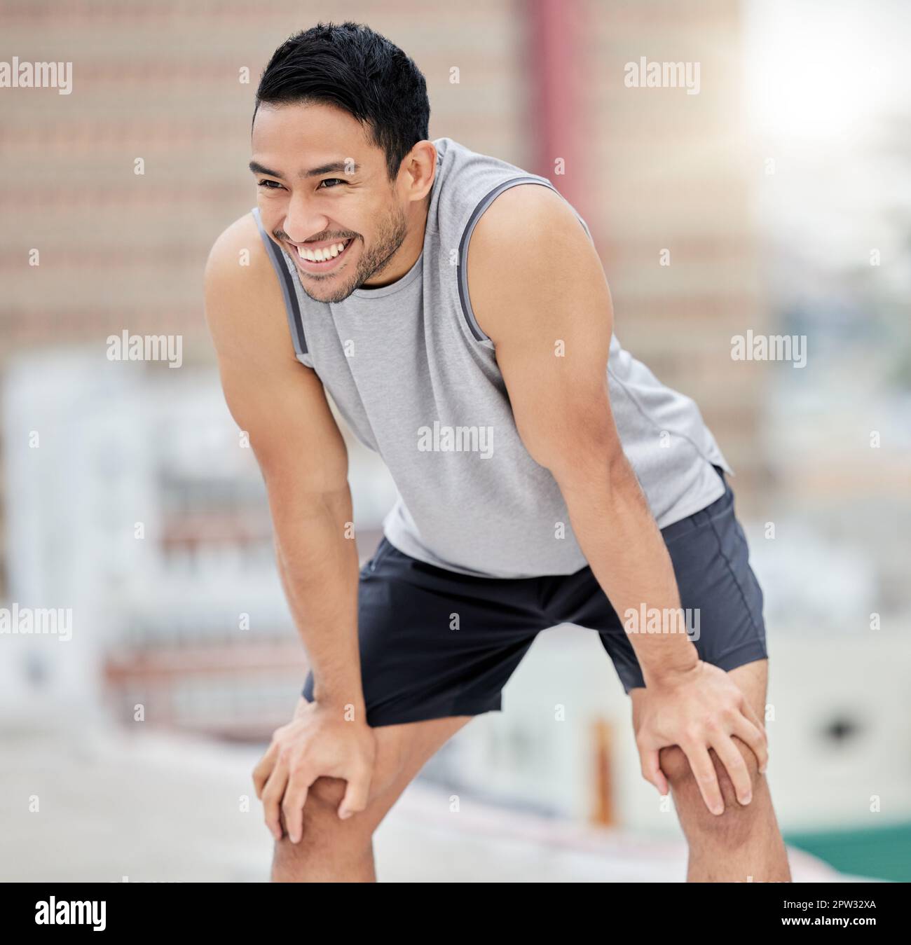 Fitness break, rest and happy man, city exercise and workout and ...
