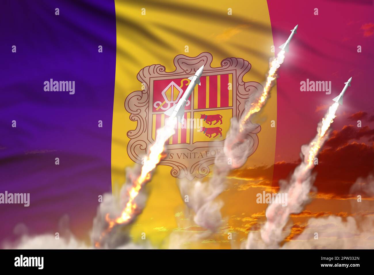 Modern strategic rocket forces concept on sunset background, Andorra ...