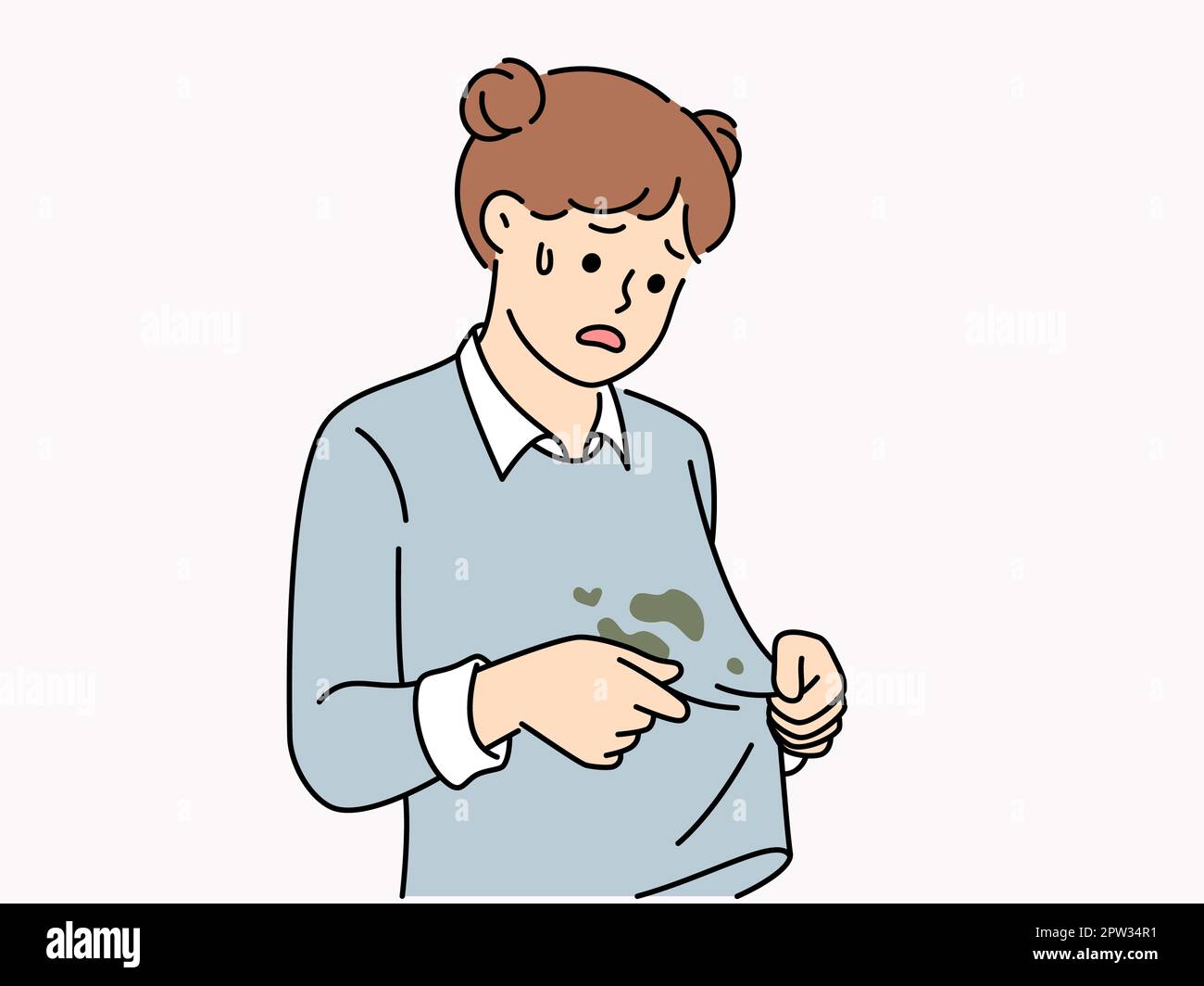 Unhappy girl look at dirty shirt. Upset small child stressed with ...