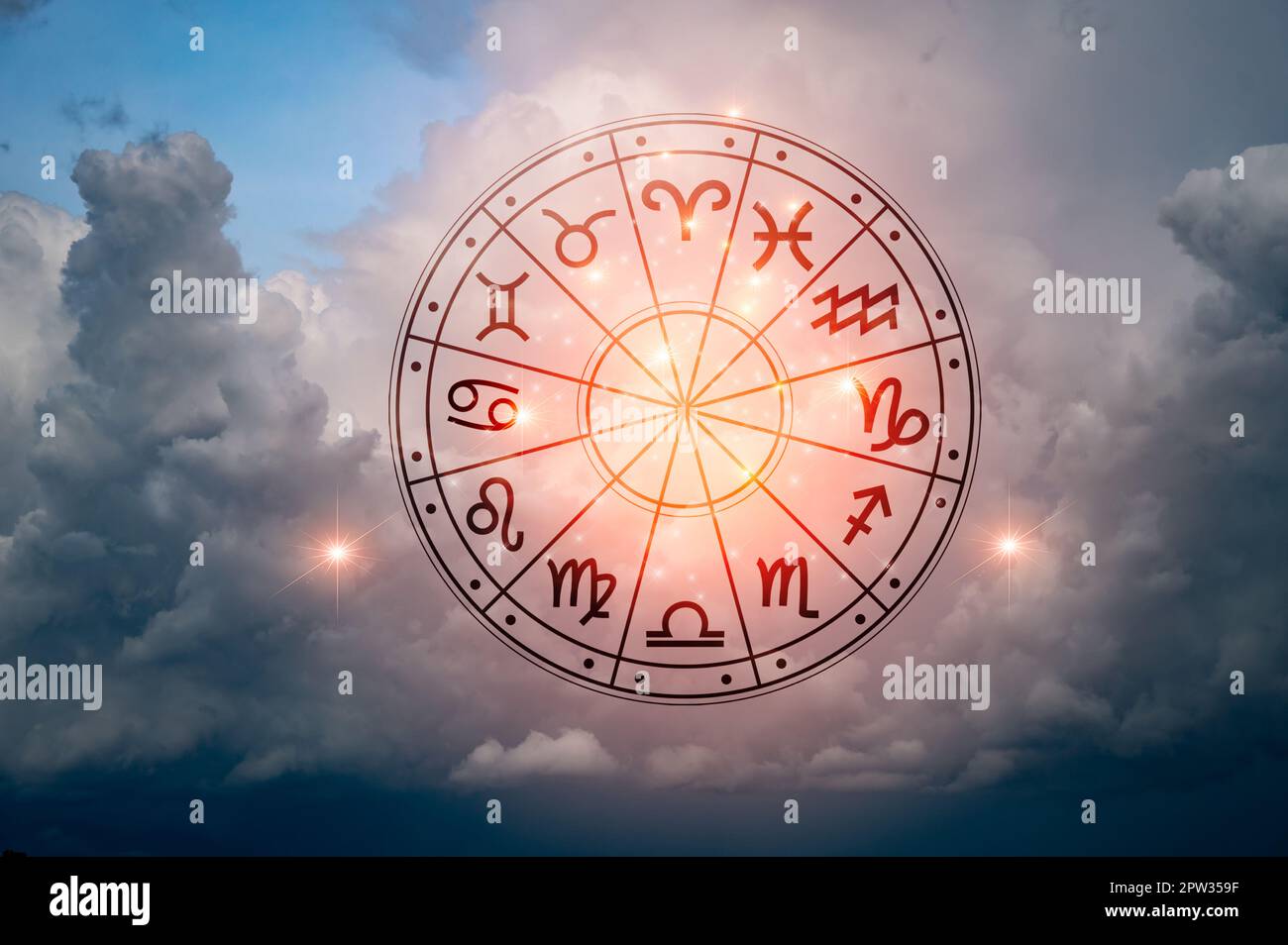 Zodiac signs inside of horoscope circle. Astrology in the sky with many ...