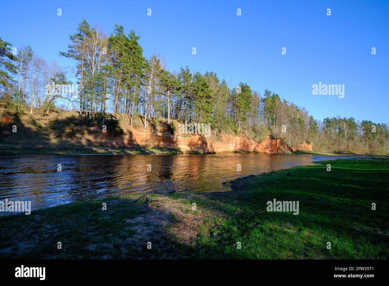 The red banks of sandstone. Salaca River, Red Cliffs, Latvia Stock ...
