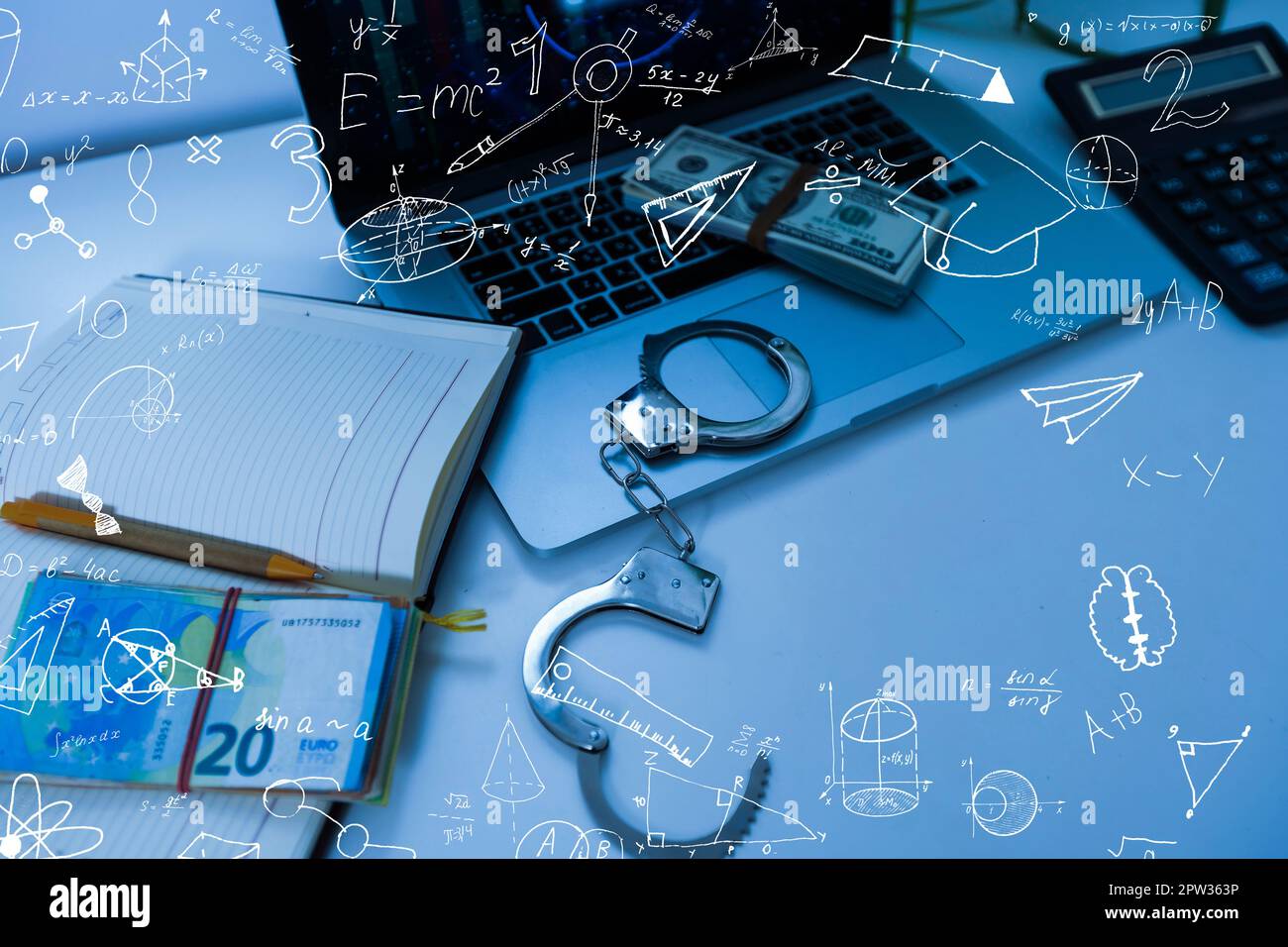 Quantitative analyst is drawing different math formulas on the glass ...