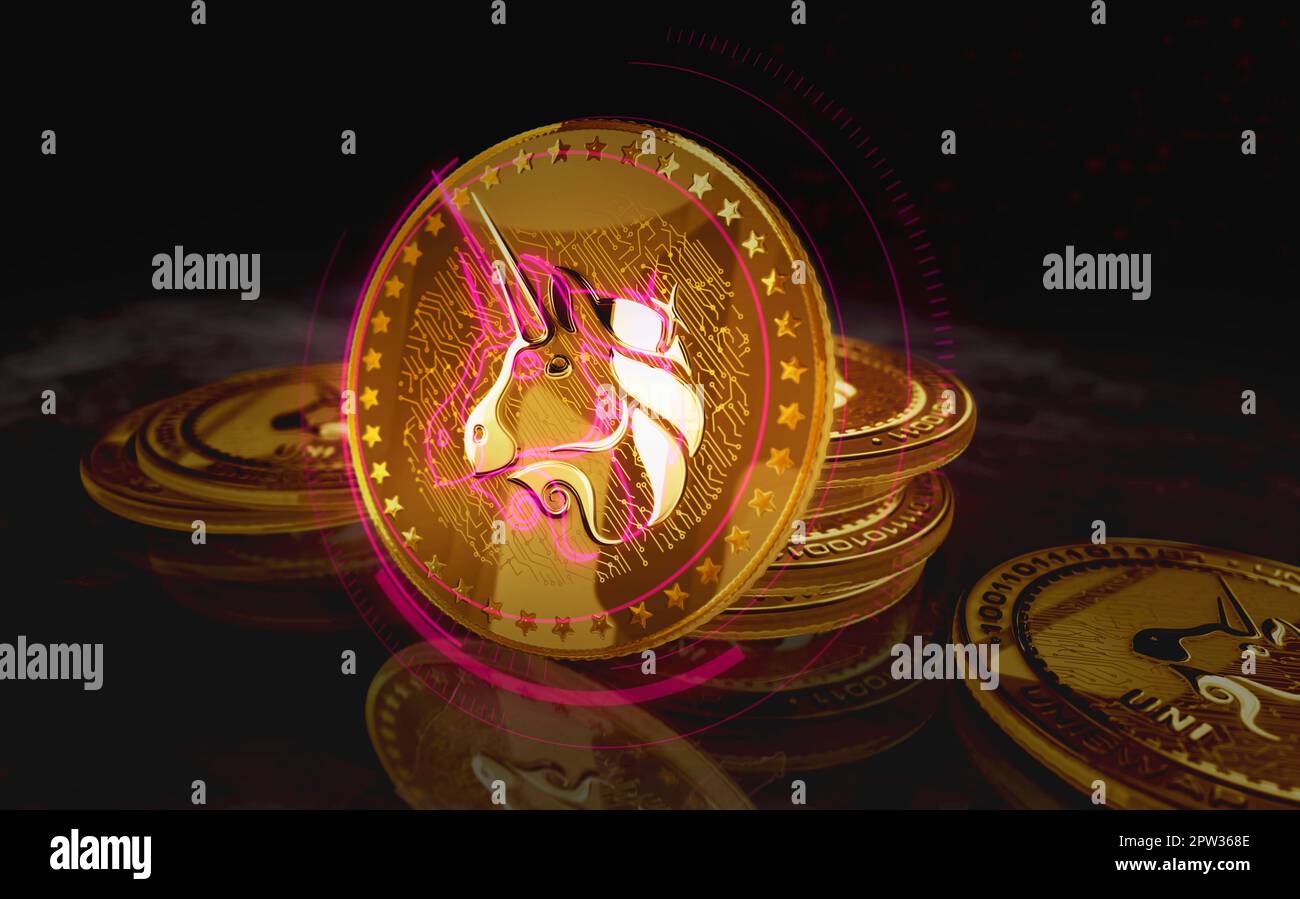 Uniswap Uni cryptocurrency gold coin on green screen background ...