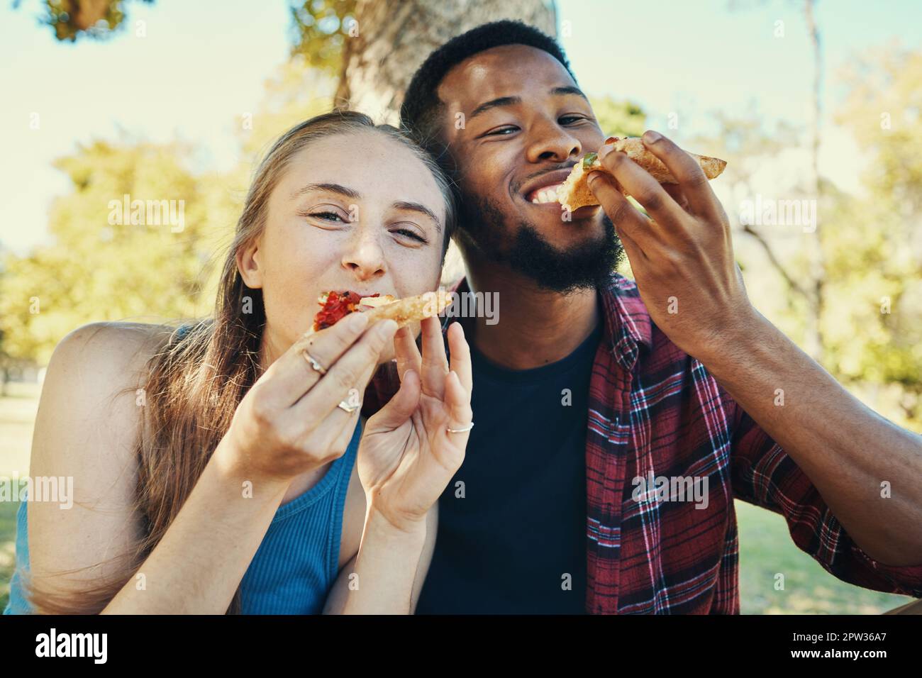 Pizza, park and friends or couple eating outdoor with summer, nature ...