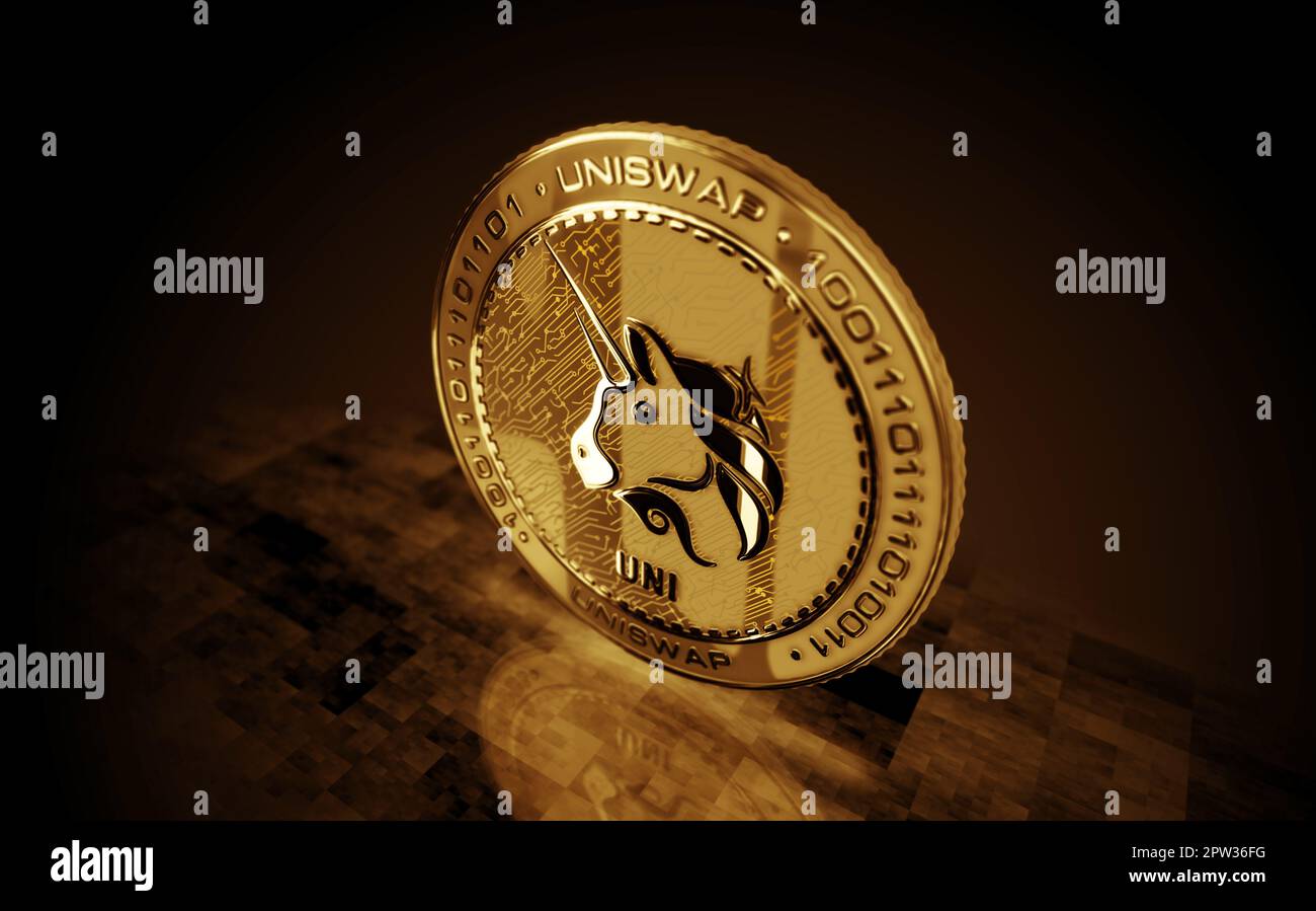 Uniswap Uni cryptocurrency gold coin on green screen background ...