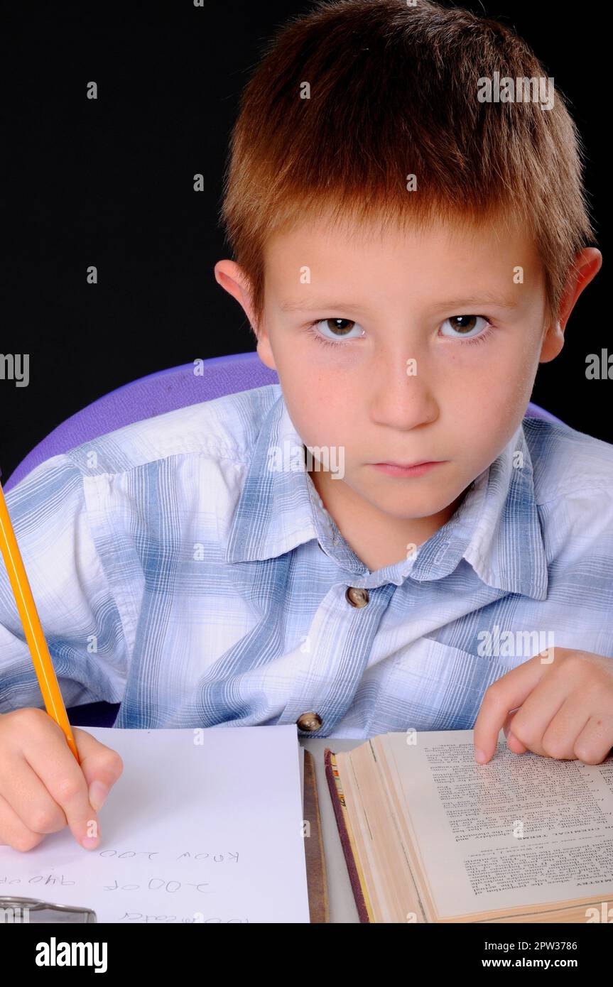 Young boy hard at work studying his books Stock Photo - Alamy