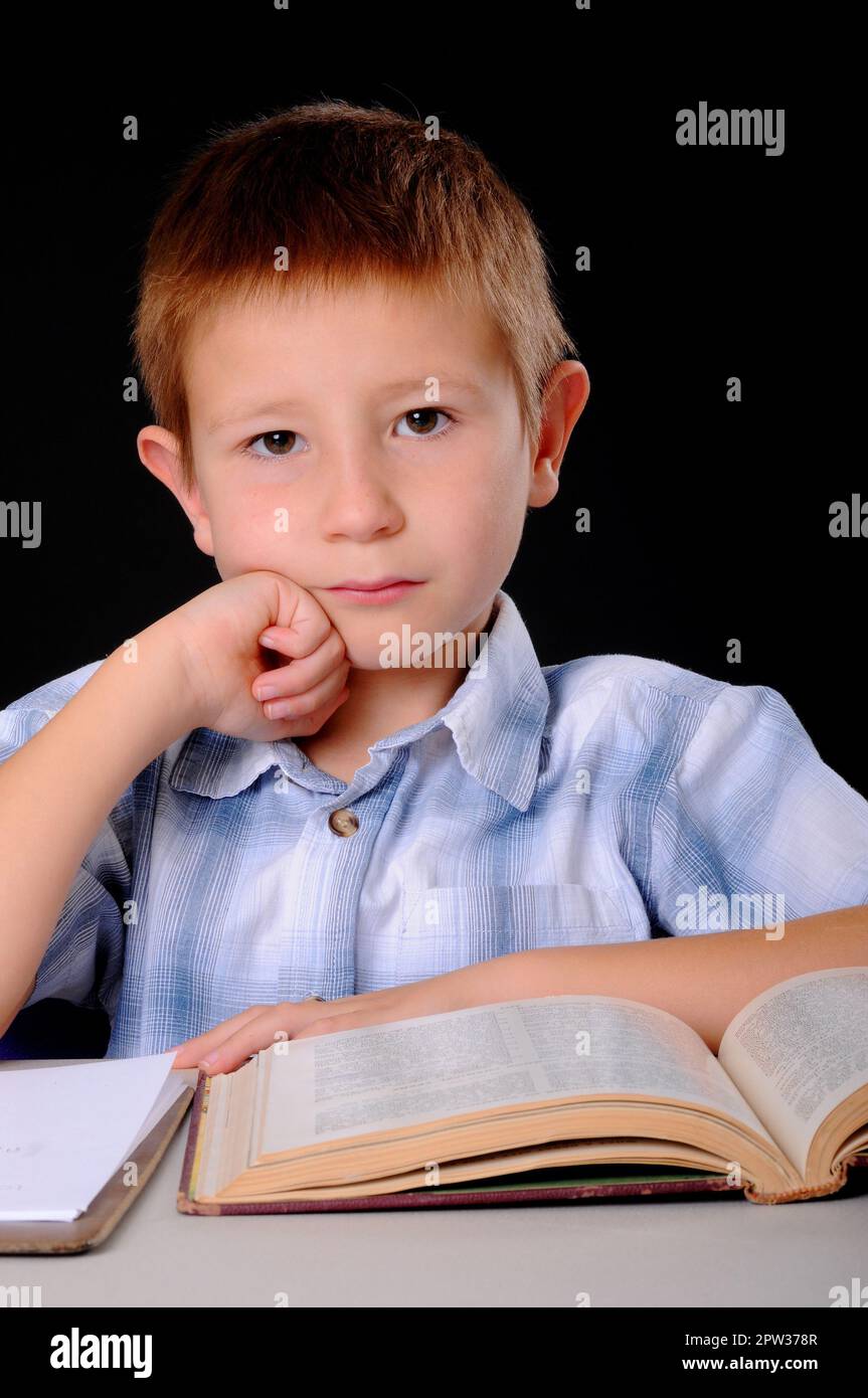Young boy hard at work studying his books Stock Photo - Alamy