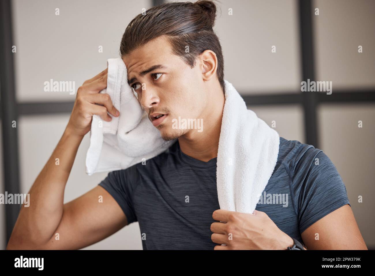 Fitness, man sweat and tired fo exercise, training and fatigue in gym ...