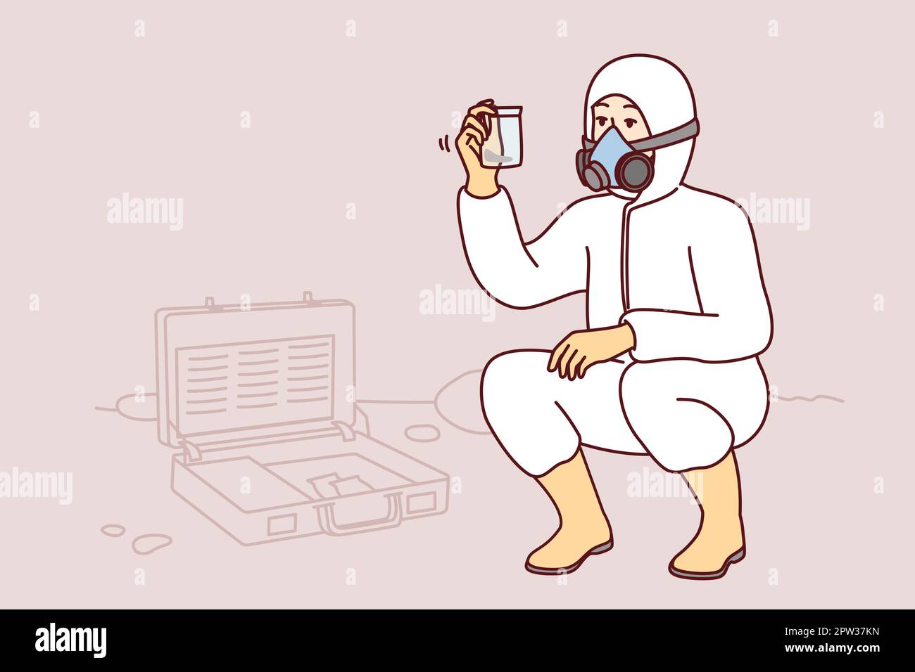 Specialist in chemical protection suit takes sample of earth for ...