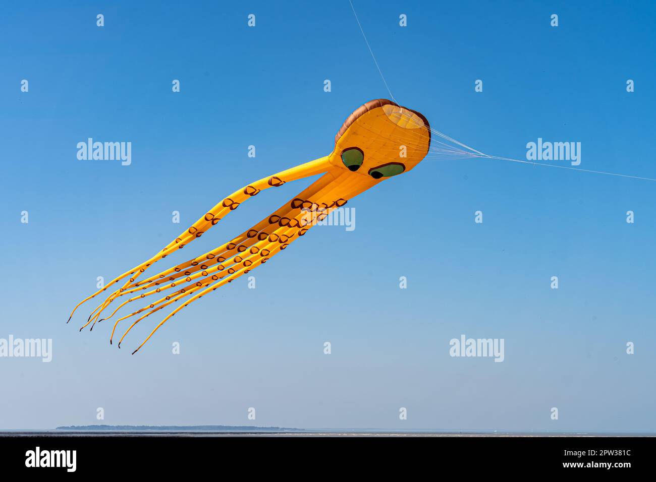 orange octopus kite flying on the blue sky in the kite festival Stock ...