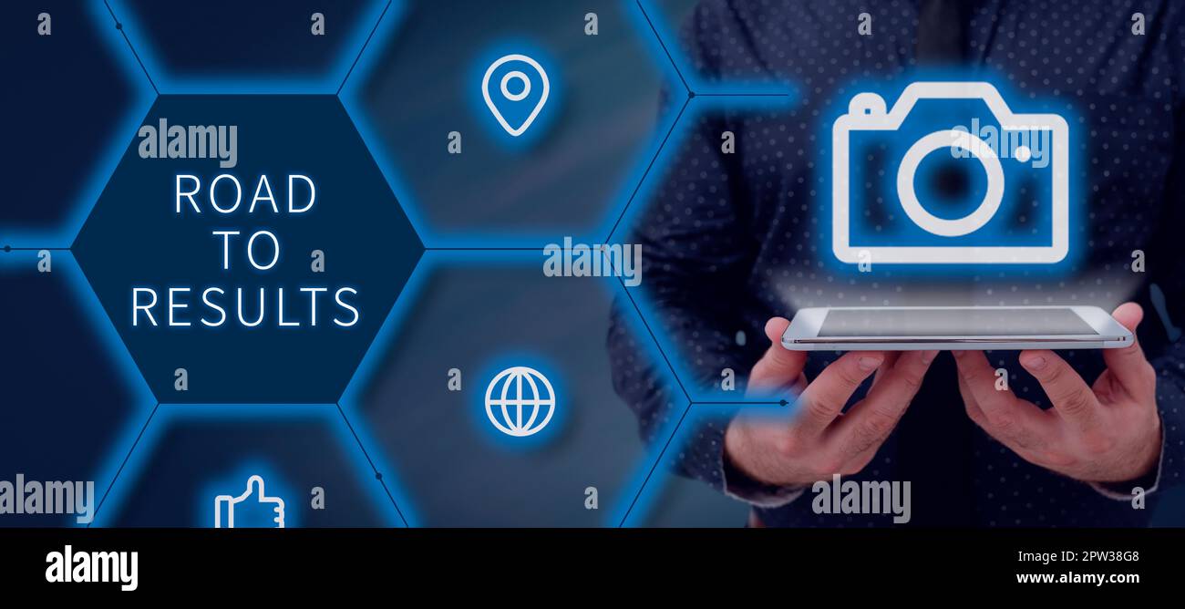 Sign displaying Road To Results, Internet Concept Business direction ...