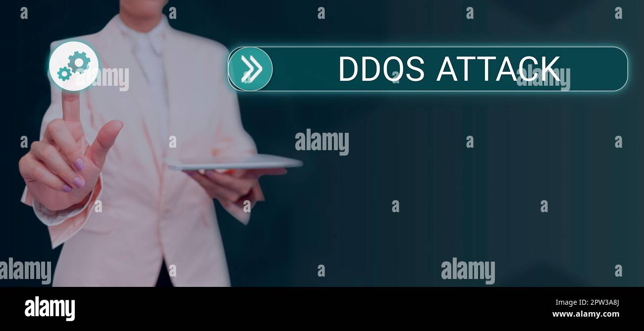 Conceptual caption Ddos Attack, Word Written on disturbed access to the normal server caused by ...