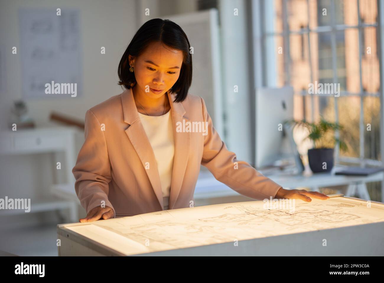 Architect, blueprint and planning on paper, strategy and floor plan ...