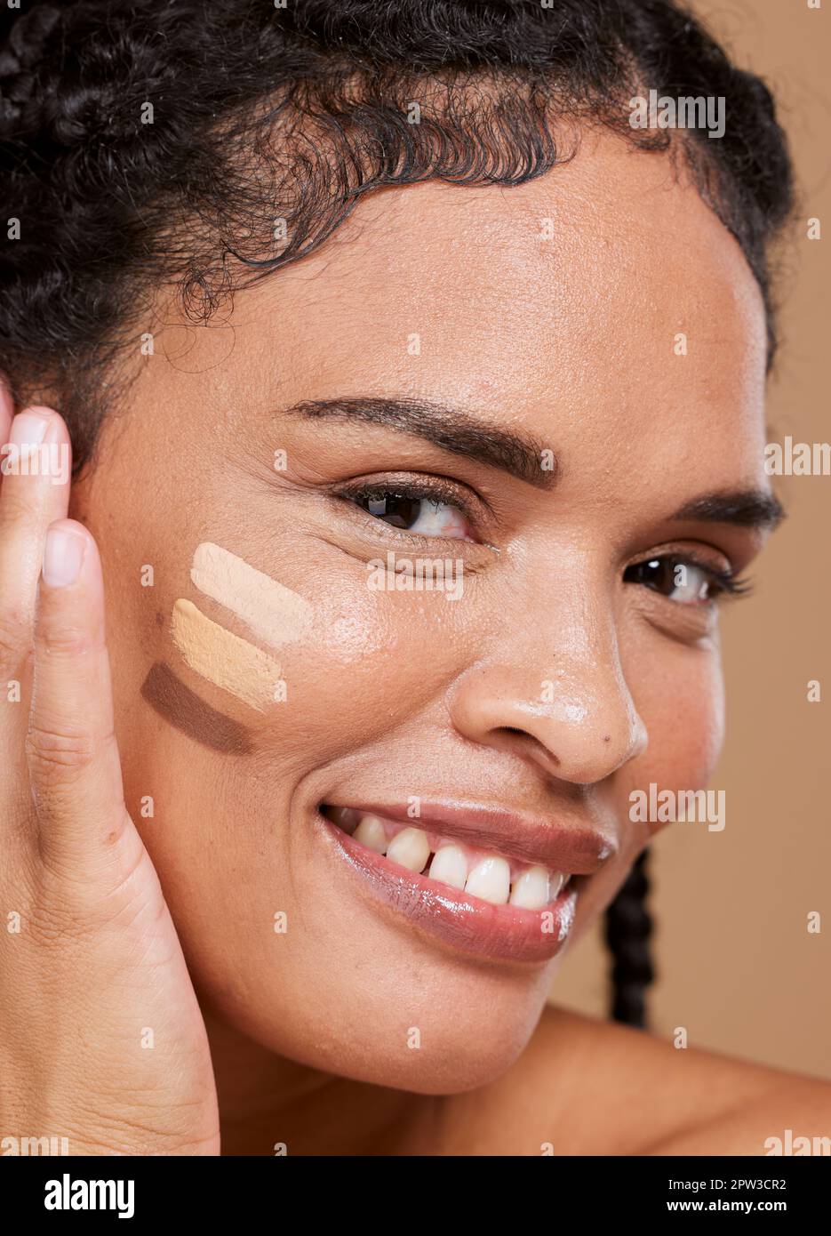 Makeup, black woman and face with tone cream lines, skincare and smile ...