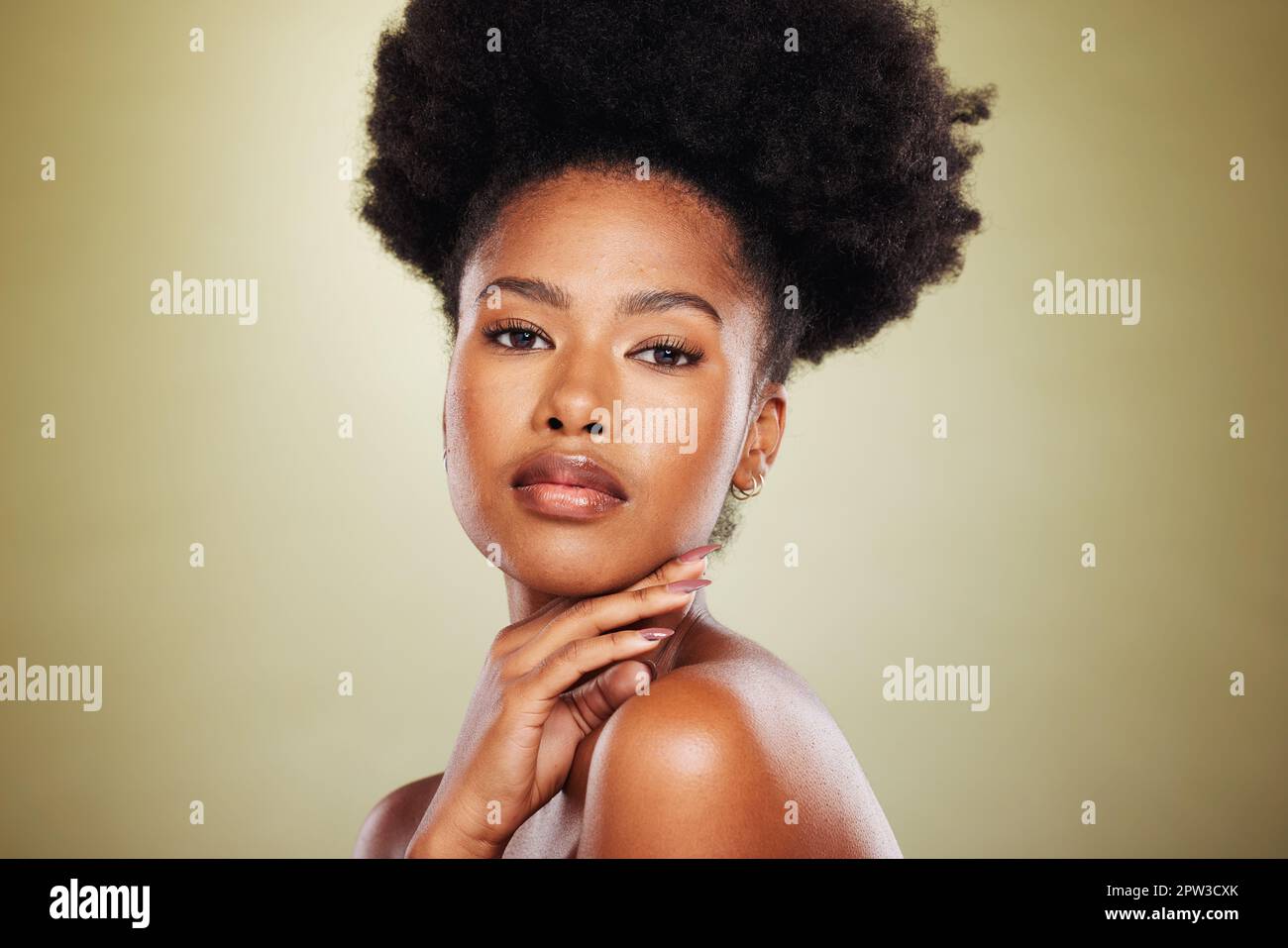 Black woman, portrait and beauty with skincare, hair care and cosmetic ...