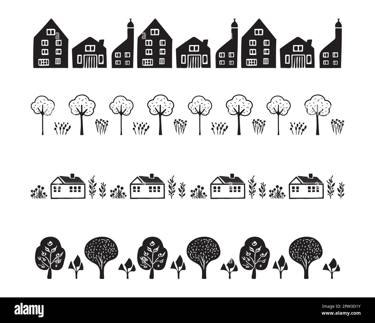 Set of banners of quirky house vector illustrations for graphic edging ...