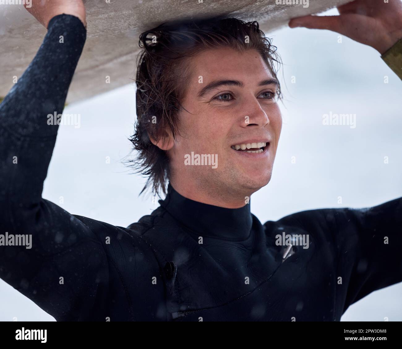 Surf, beach and sports man with surfboard on head for fun adventure ...