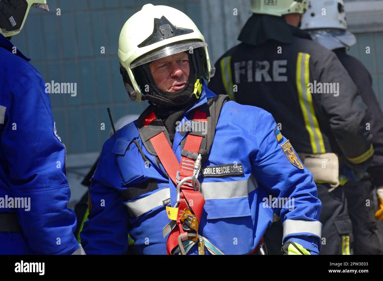 UMAN, UKRAINE - APRIL 28, 2023 - Rescuers are seen at work at the ...