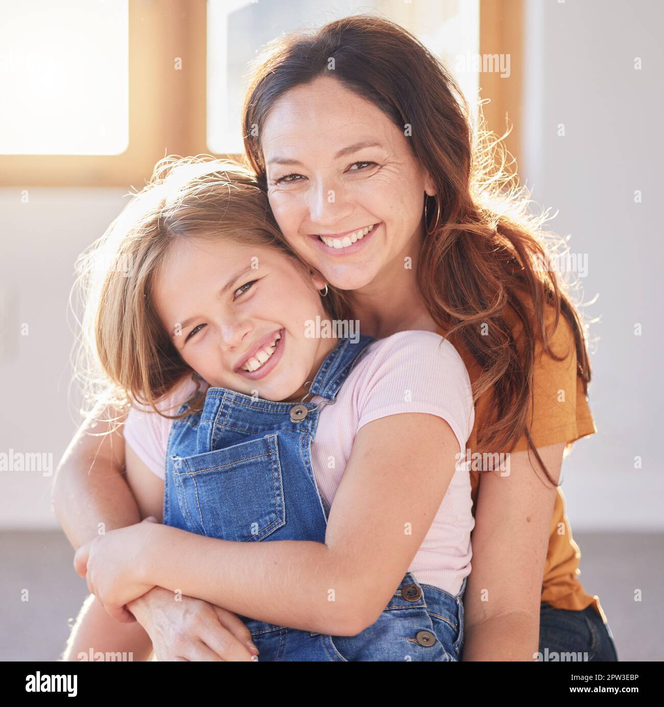 Mother, love and hug girl for portrait of support, trust and relax ...