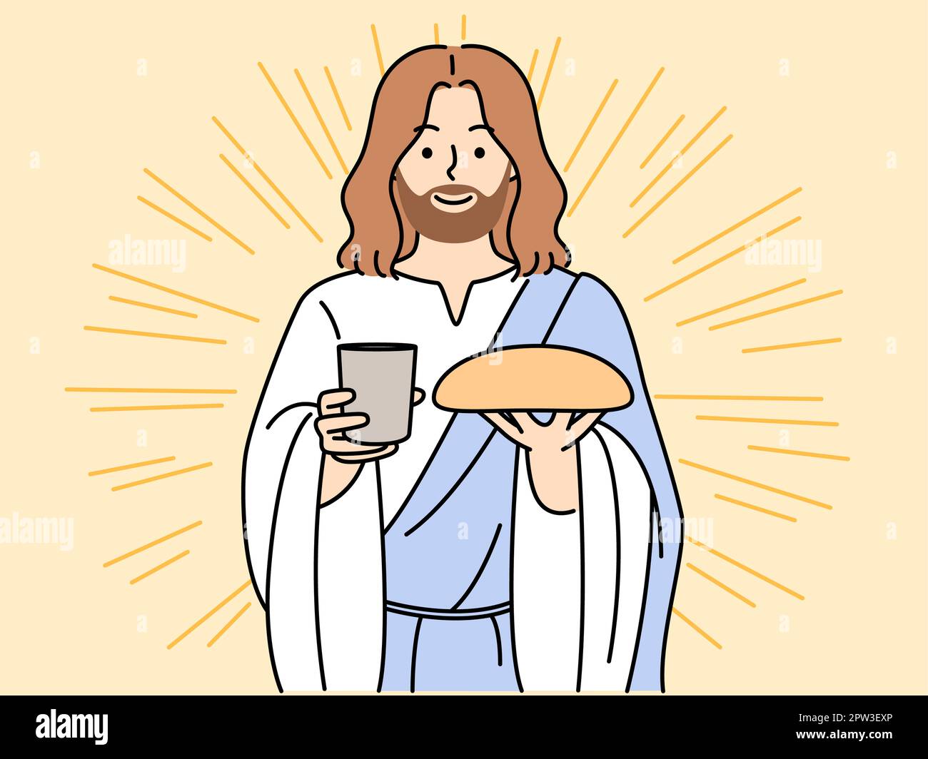 Smiling Jesus Christ holding bread and wine in hands. Happy God in ...