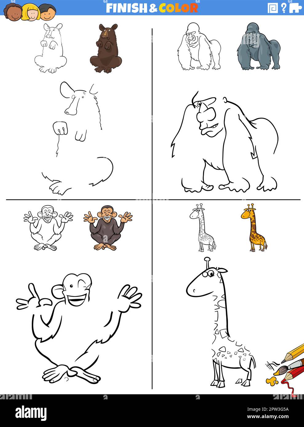 drawing and coloring worksheet with wild animals Stock Vector Image ...