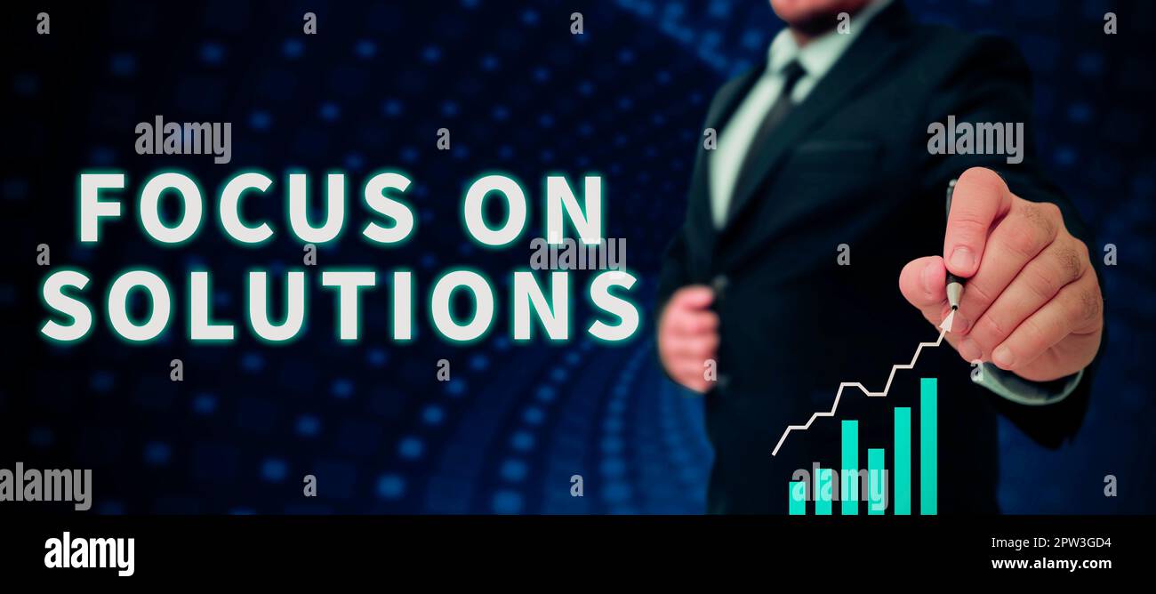 Hand writing sign Focus On Solutions, Business showcase powerful practical way to achieve ...