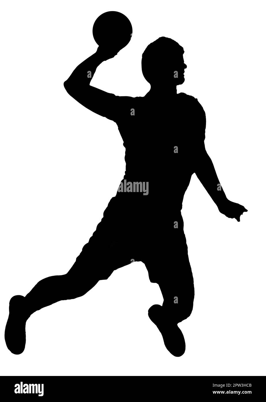 Handball player as silhouette isolated on white while throwing a ball ...