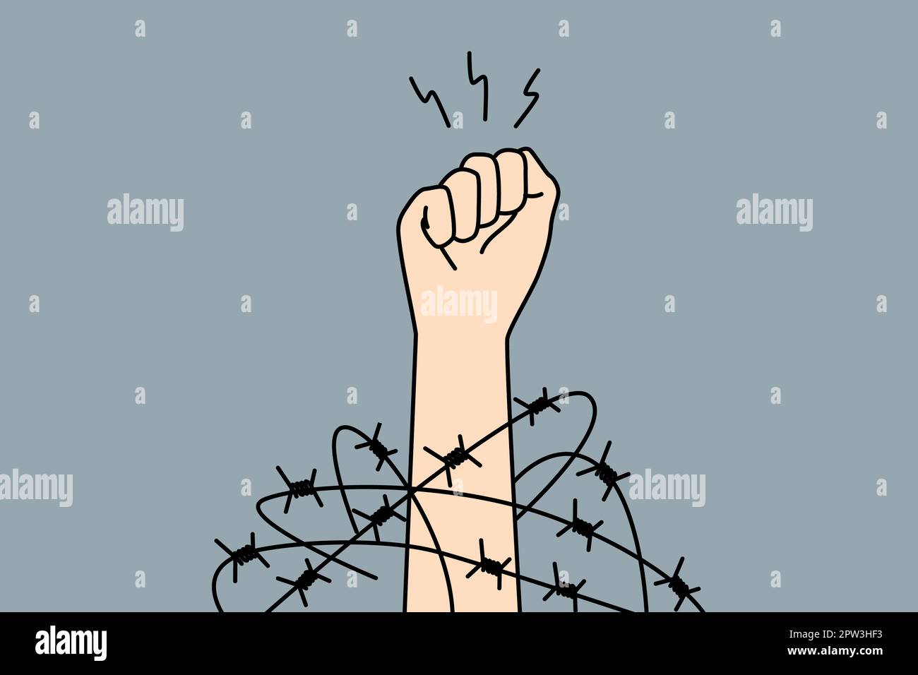 Close-up of hand in fist in wires thrive for independence and freedom ...