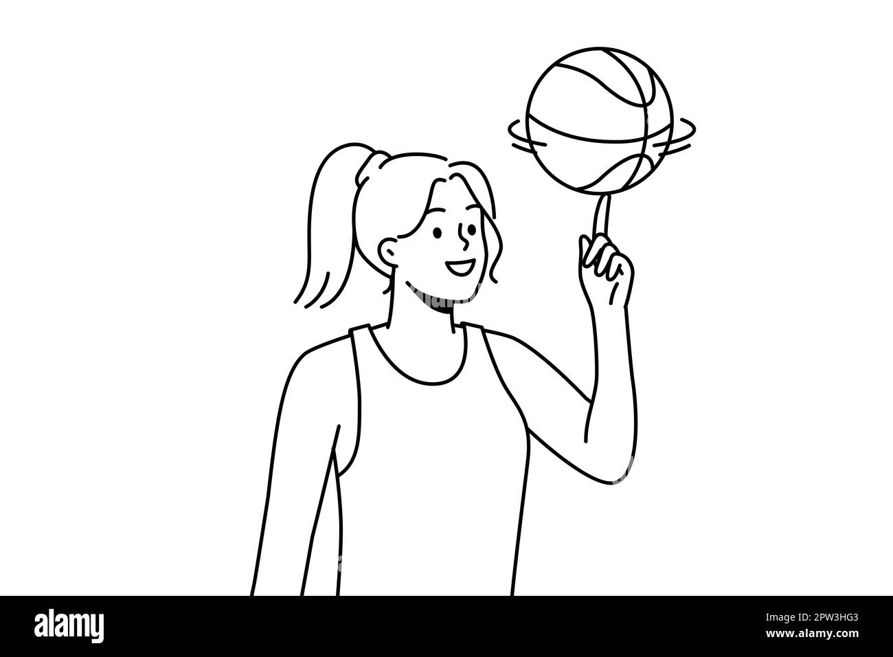 Smiling young woman athlete spin ball on finger. Happy girl basketball ...