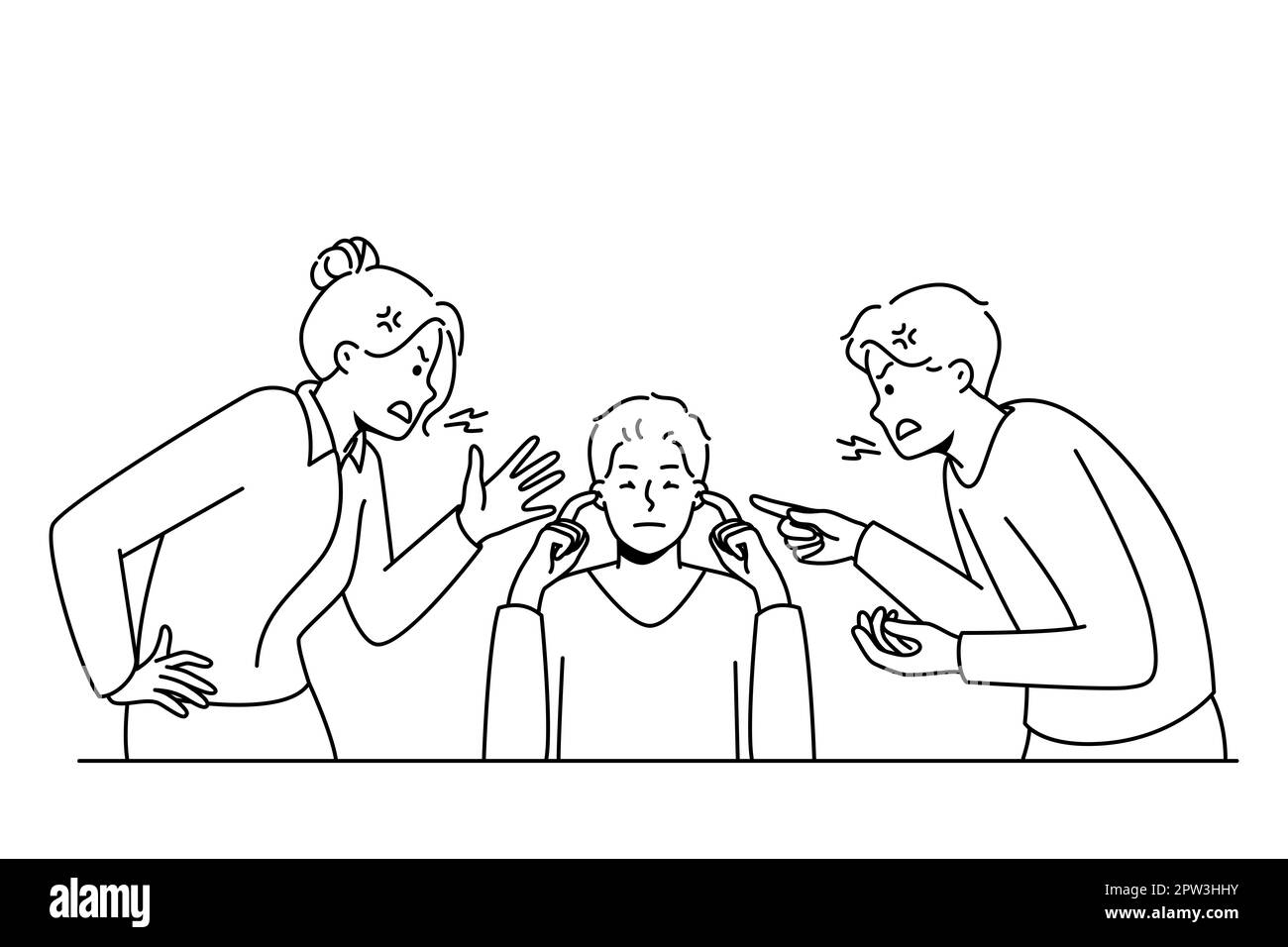 Man close ears ignore loud screaming colleagues shouting and lecturing ...