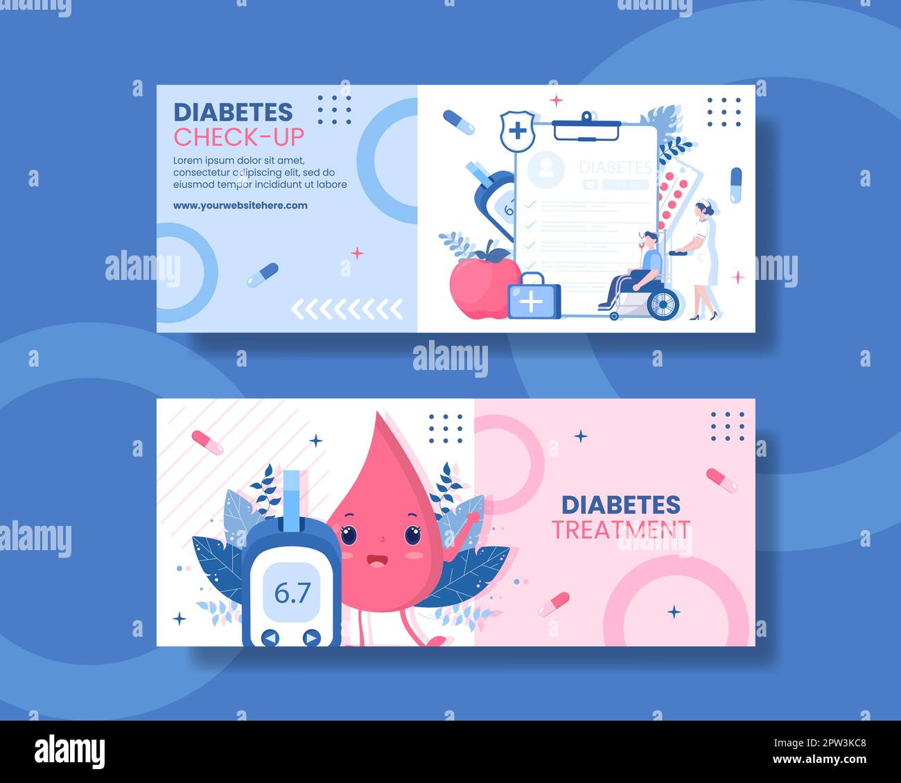 Diabetes Testing Healthcare Horizontal Banner Flat Cartoon Hand Drawn