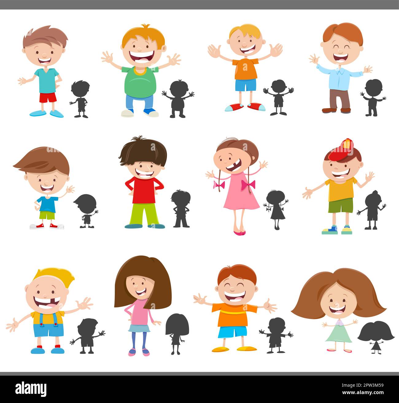 cartoon happy children characters with silhouettes set Stock Vector ...
