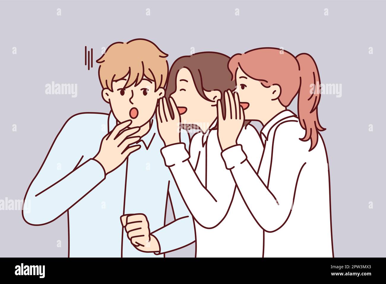 Young man is shocked by secret about colleagues or friends told by two ...