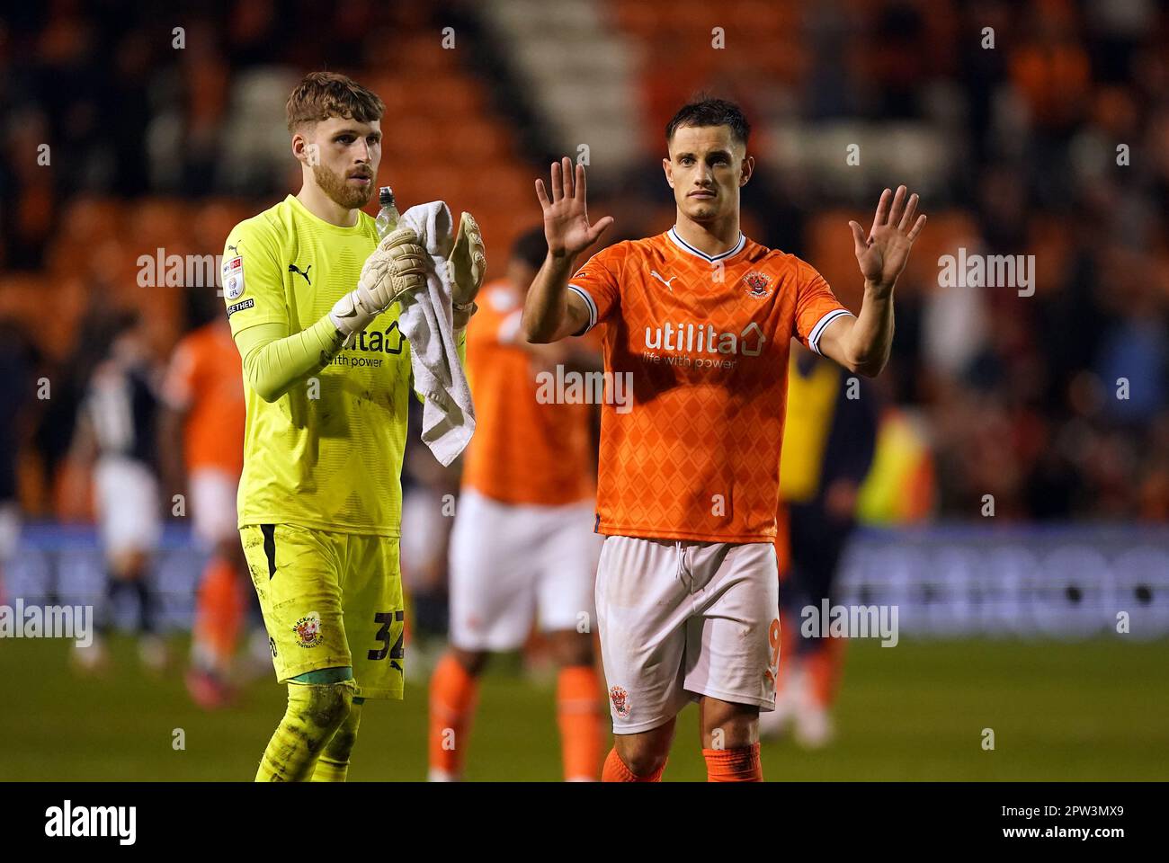 Blackpool's Jerry Yates and goalkeeper Daniel Grimshaw after their ...