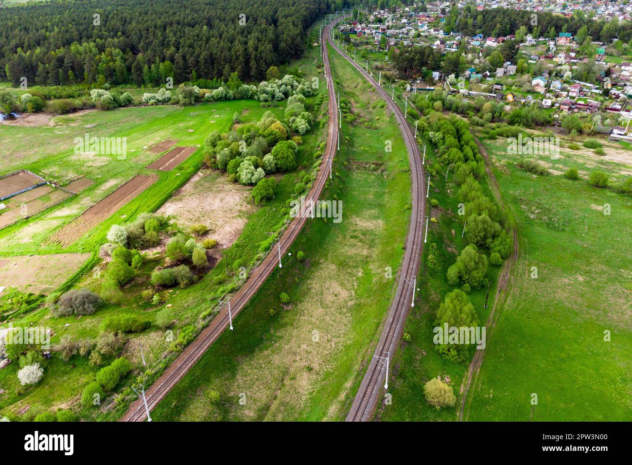 Aerial view of a railroad with two tracks in the countryside Stock ...