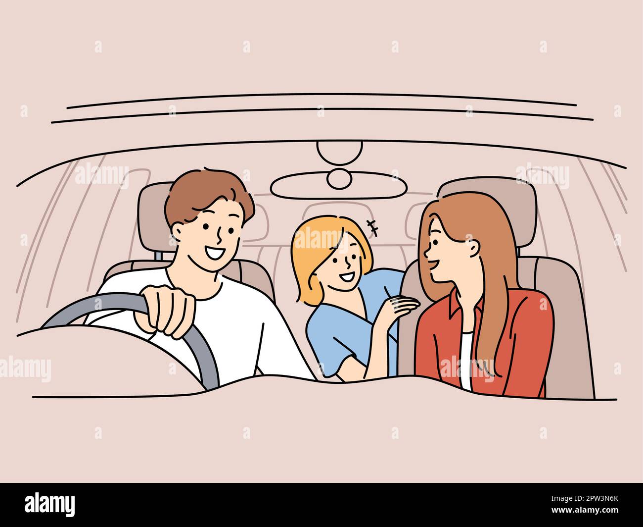 Happy family with child driving in car together. Smiling parents with ...