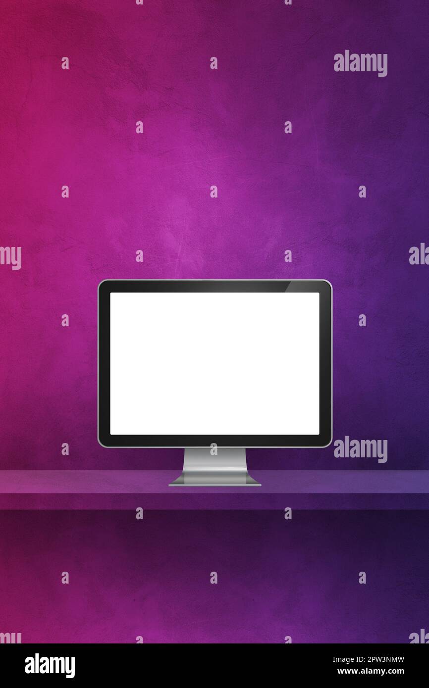 Computer pc - purple wall shelf. Vertical background. 3D Illustration ...
