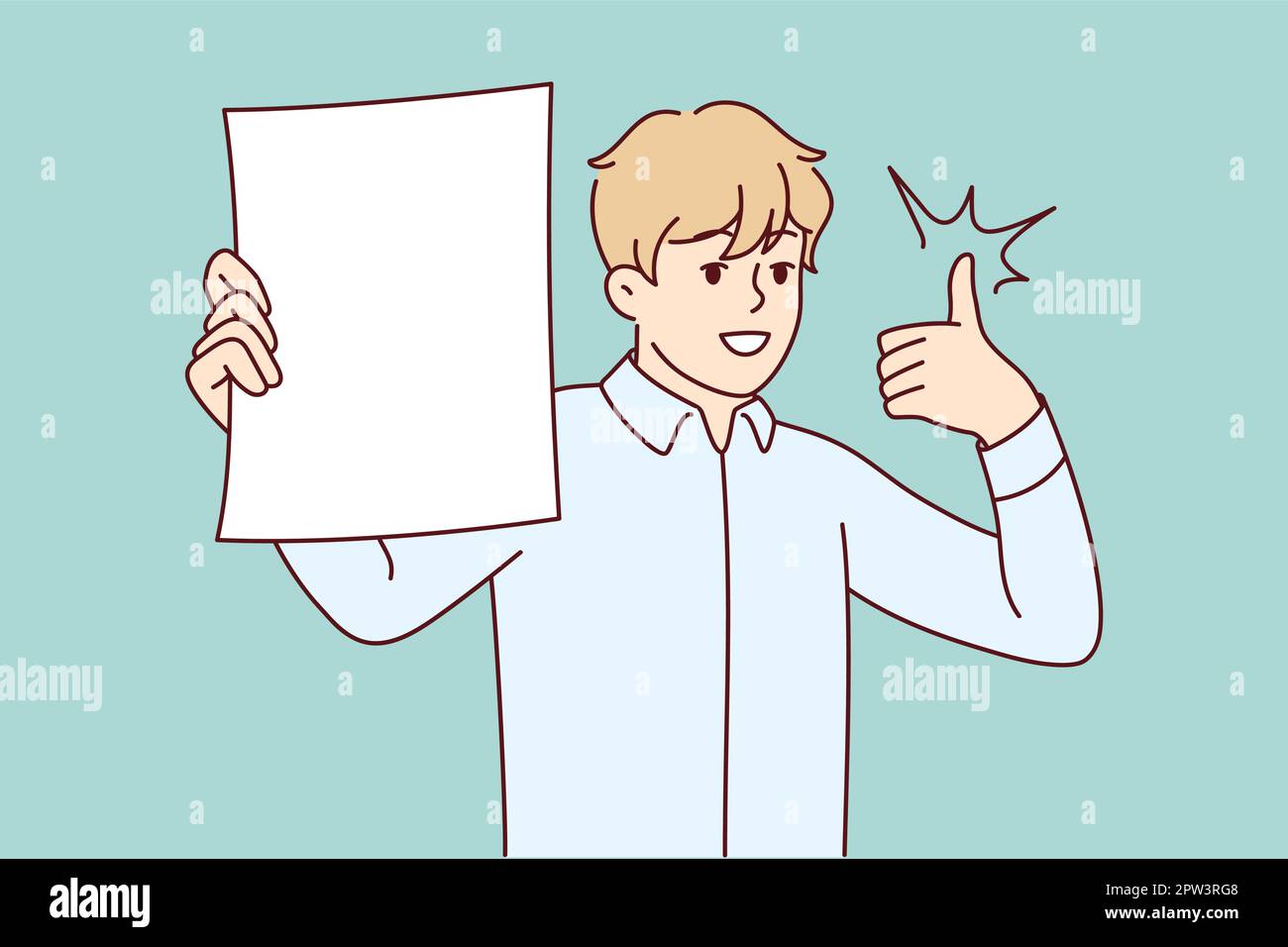Man shows white sheet of paper and raises thumb up recommending cool ...