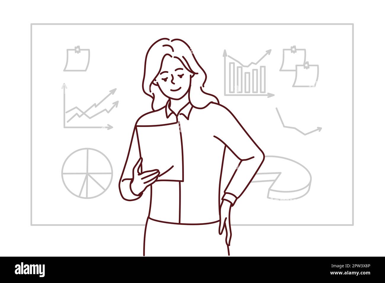 Businesswoman hold document make business presentation near board in ...