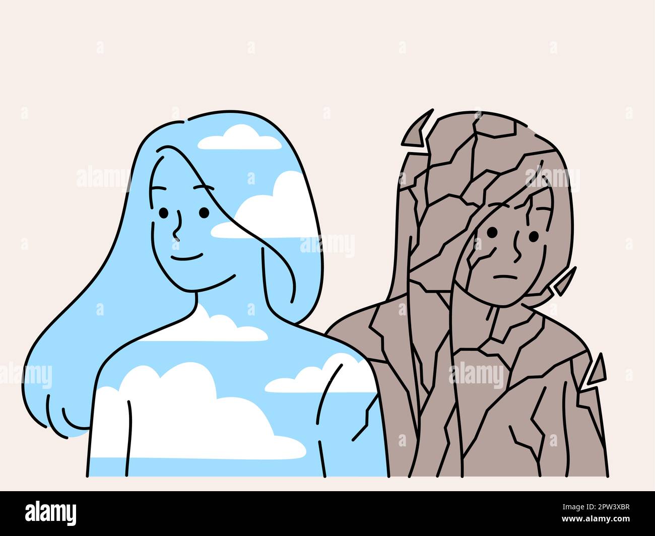 Woman in clouds and broken stone showing life contrast. Happy and ...