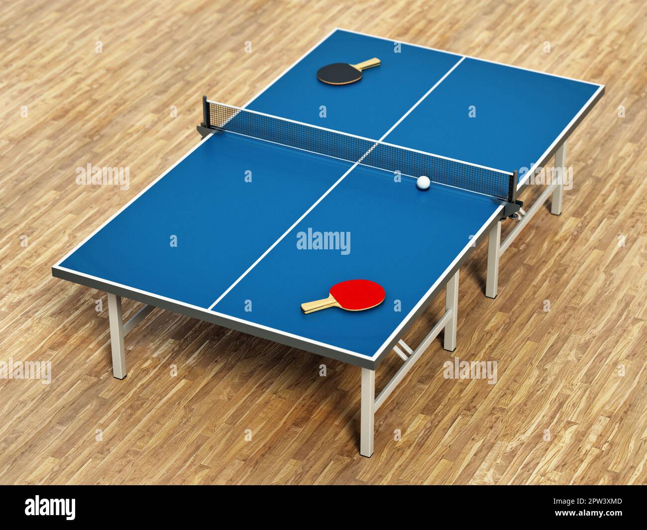 Table tennis table, rackets and ball on parquet floor. 3D illustration ...
