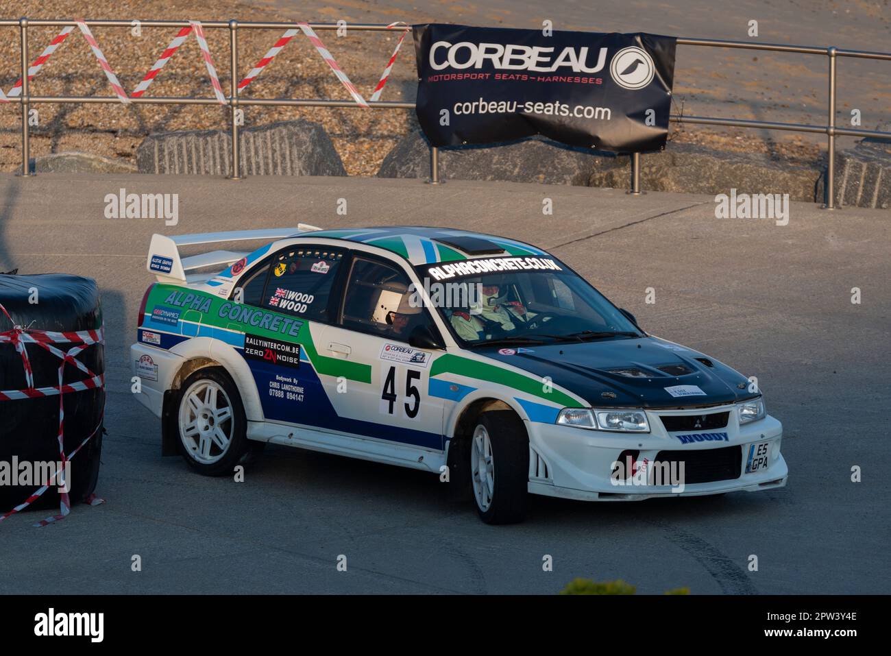 David Wood racing a Mitsubishi Evo competing in the Corbeau Seats rally ...