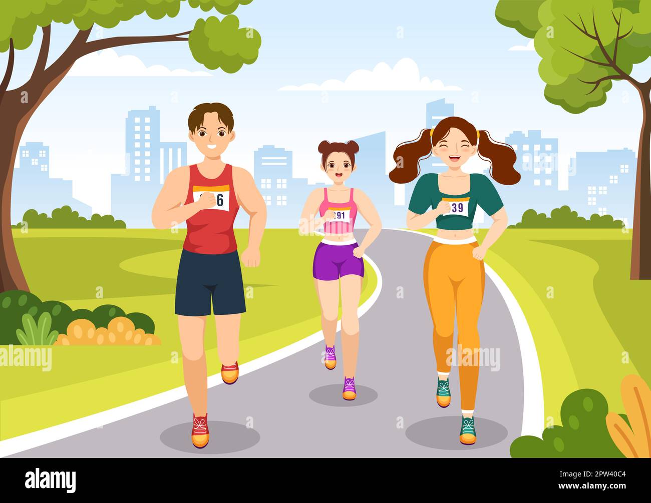 Marathon Race Illustration with People Running, Jogging Sport ...