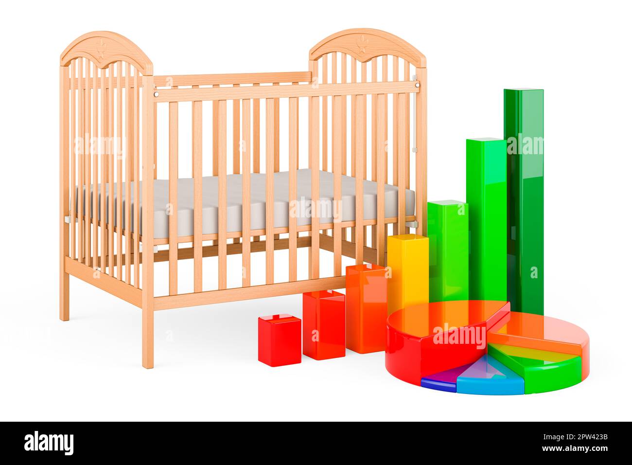 Baby crib, infant bed with growth bar graph and pie chart, 3D rendering ...