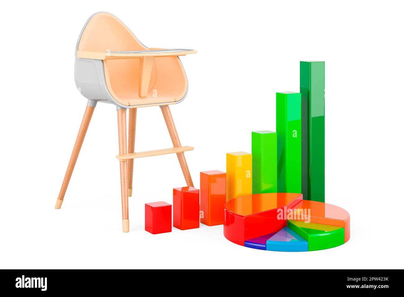 Baby high chair with growth bar graph and pie chart. 3D rendering ...