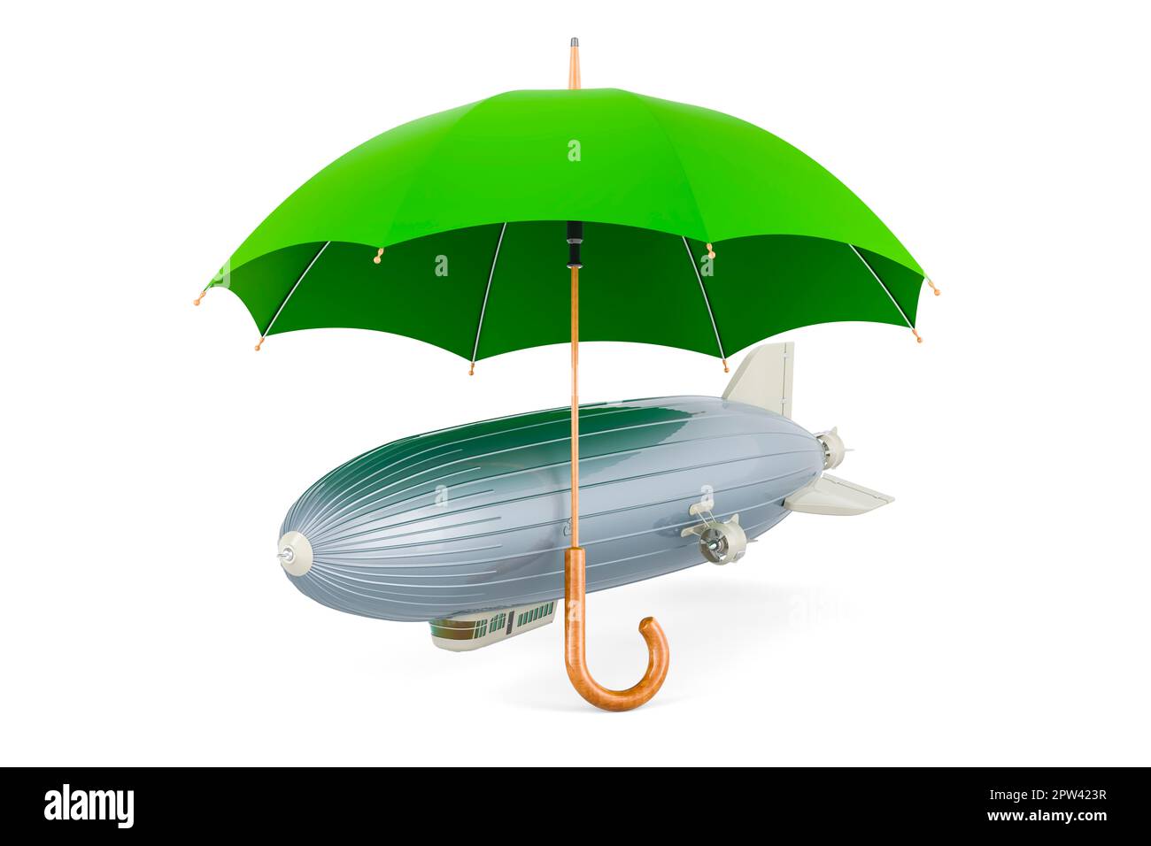 Airship or dirigible balloon under umbrella, 3D rendering isolated on ...