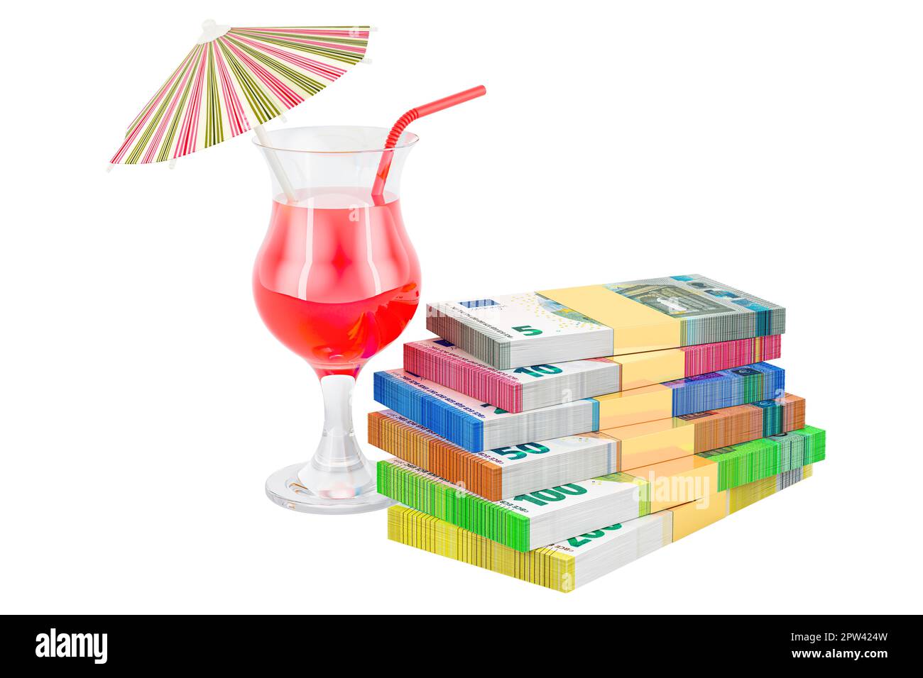 Tropical cocktail with money, euro packs. 3D rendering isolated on ...